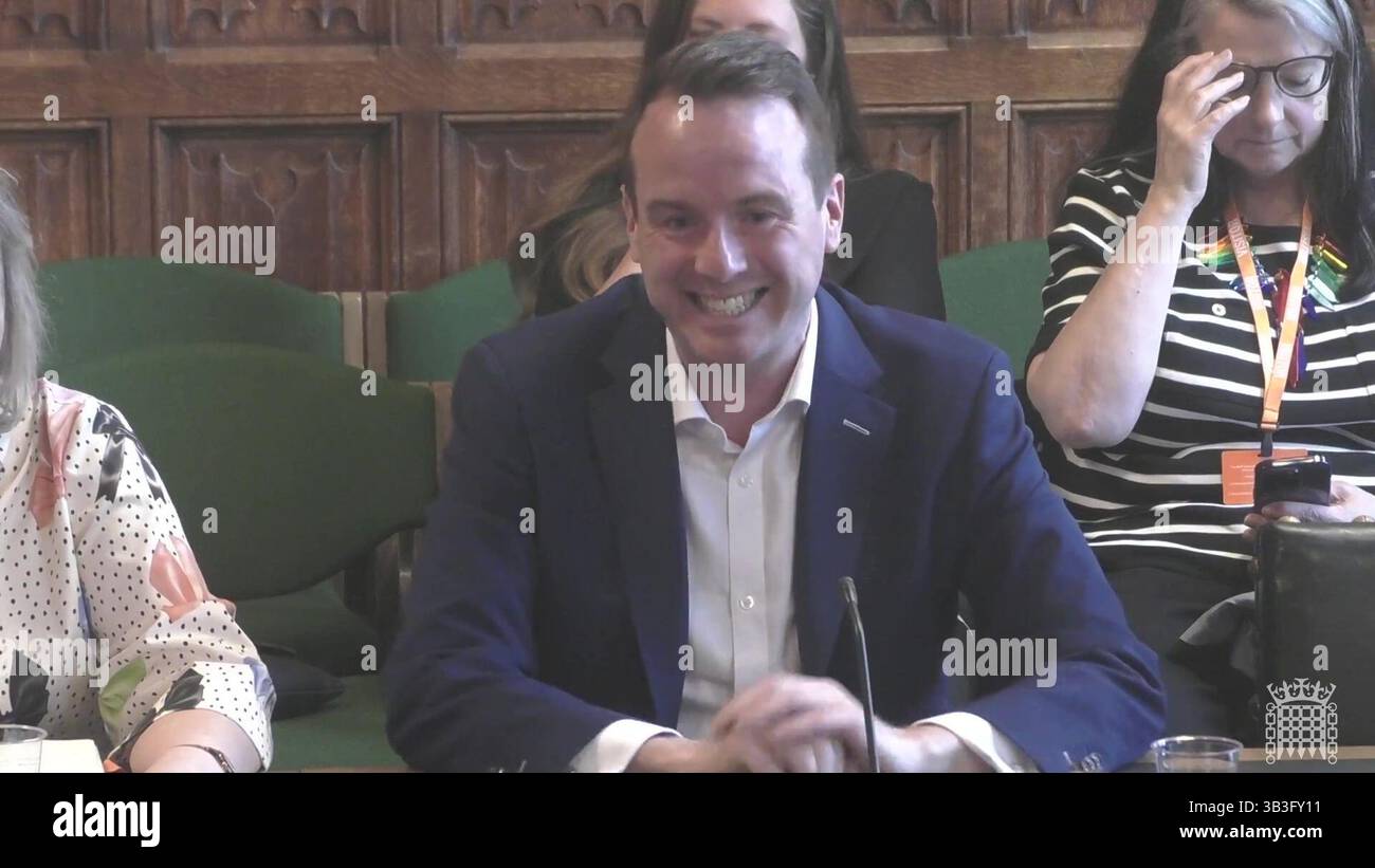 Screen grab of comedian Matt Forde giving evidence about the state of ...