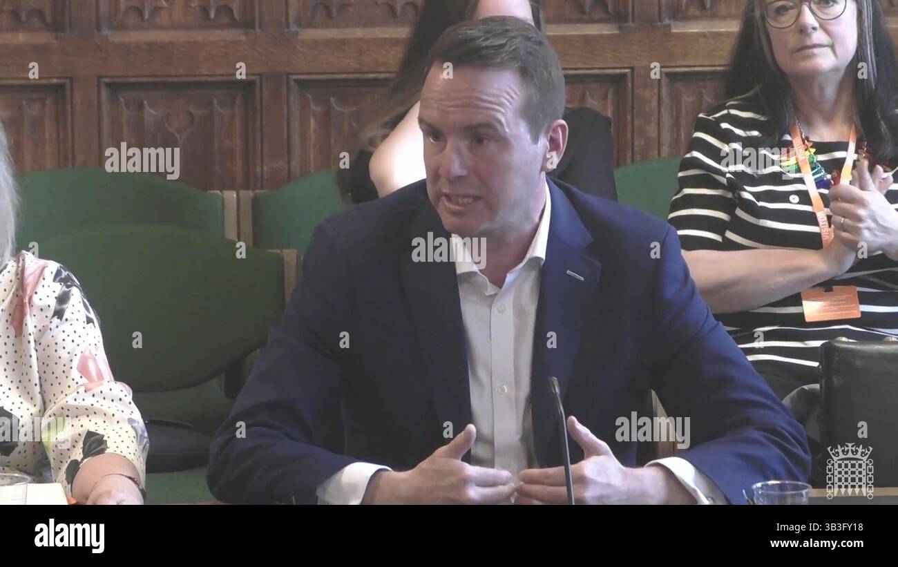Screen grab of comedian Matt Forde giving evidence about the state of ...