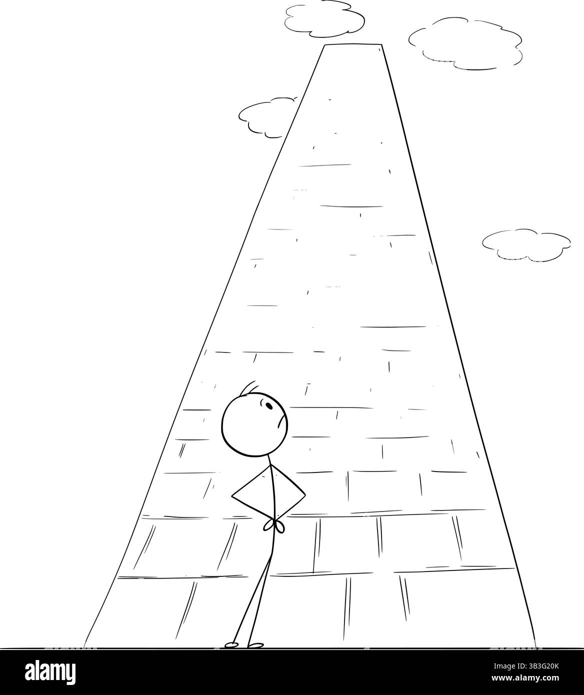 Person standing and looking at high wall, tower or obstacle , vector ...