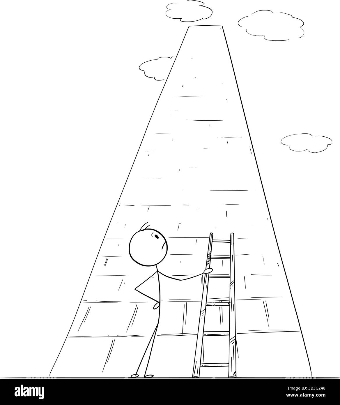 Person standing with ladder and looking at high wall, tower or obstacle ...