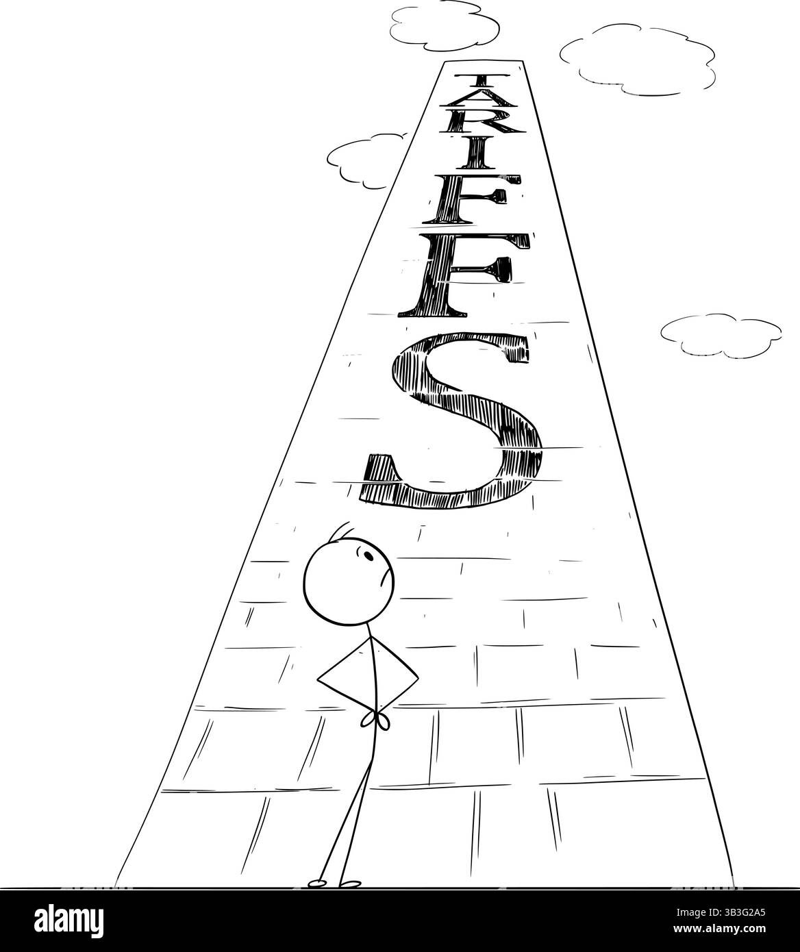 High tariffs and international trade, vector cartoon stick figure or ...