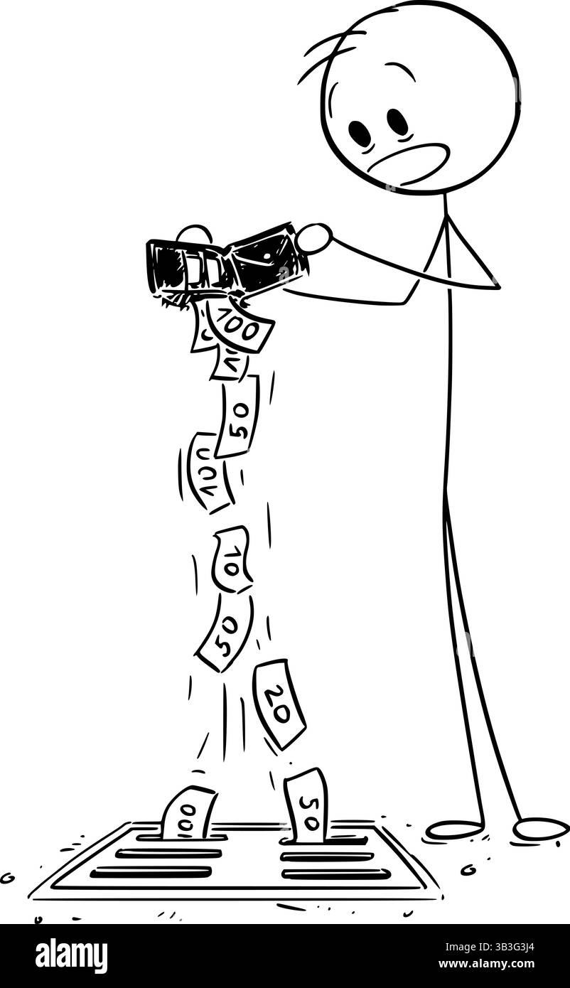 Loosing money, business concept , vector cartoon stick figure or ...