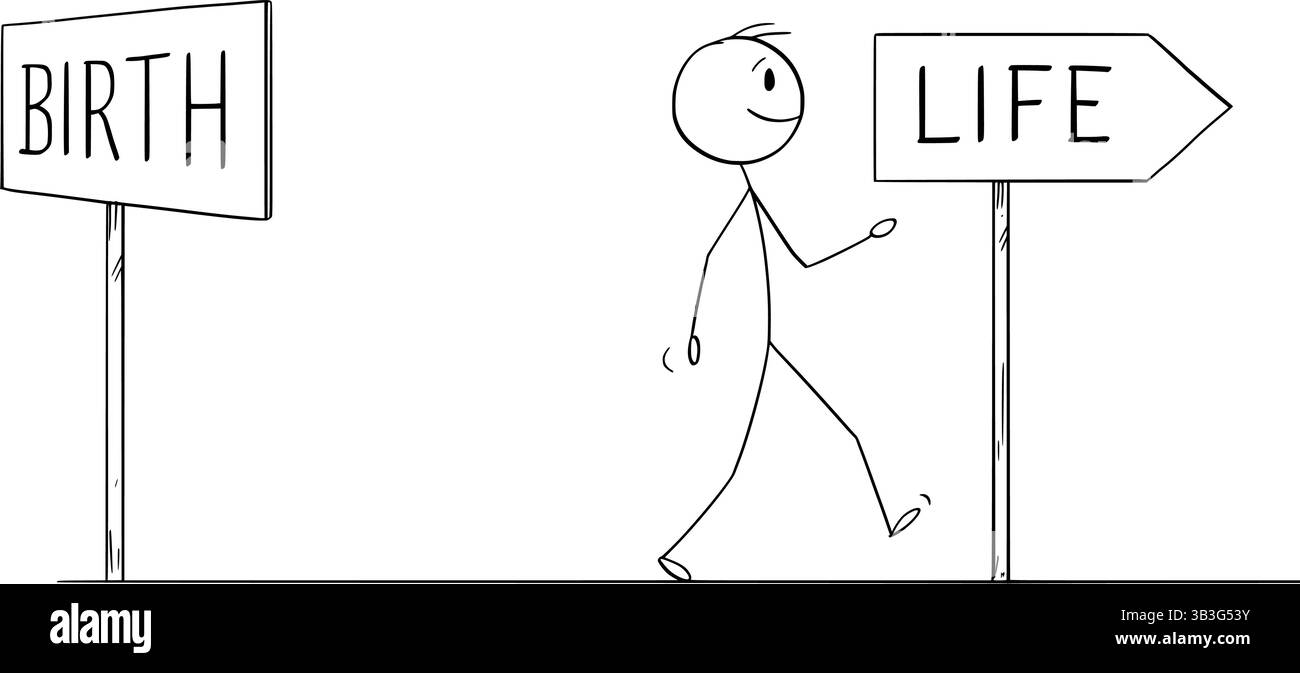 Human life, walking from birth to death , vector cartoon stick figure ...