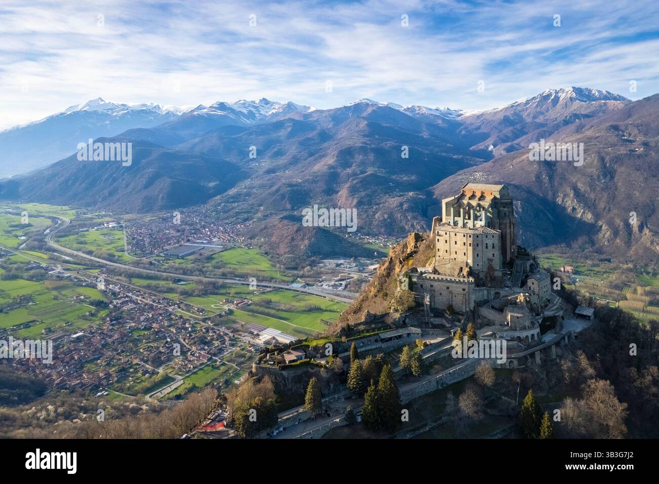 View of the Sacra di San Michele, symbol of Piedmont region, located on ...