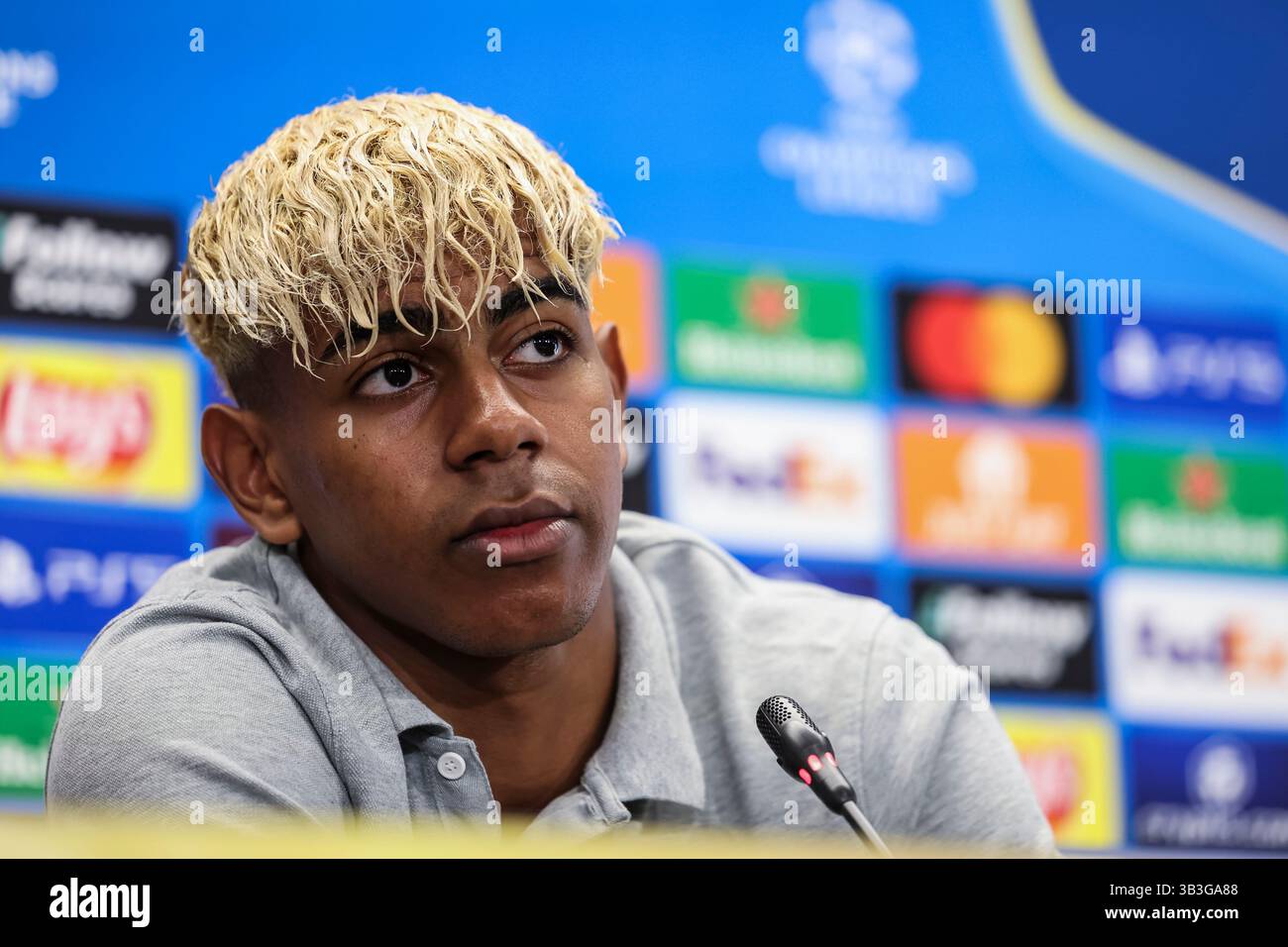 Lamine Yamal of FC Barcelona attends his press conference during the ...