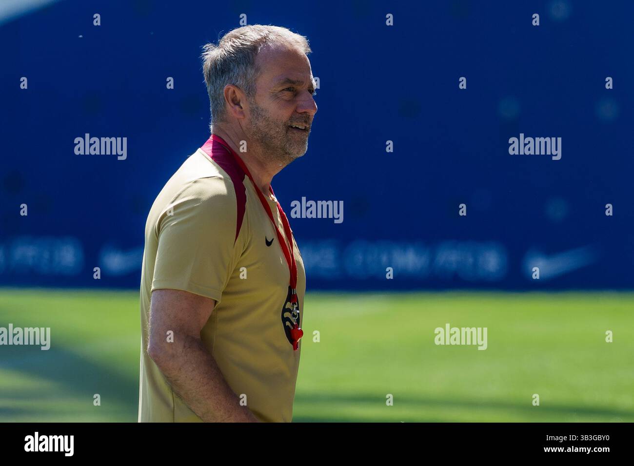 Sant Joan Despi, Spain. 29 April 2025. Hansi Flick, head coach of FC Barcelona, smiles during ...