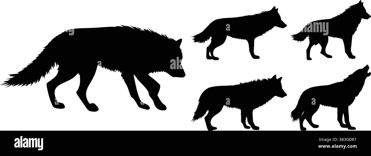 Dynamic Collection of Howling and Walking Wolf Silhouettes Representing ...