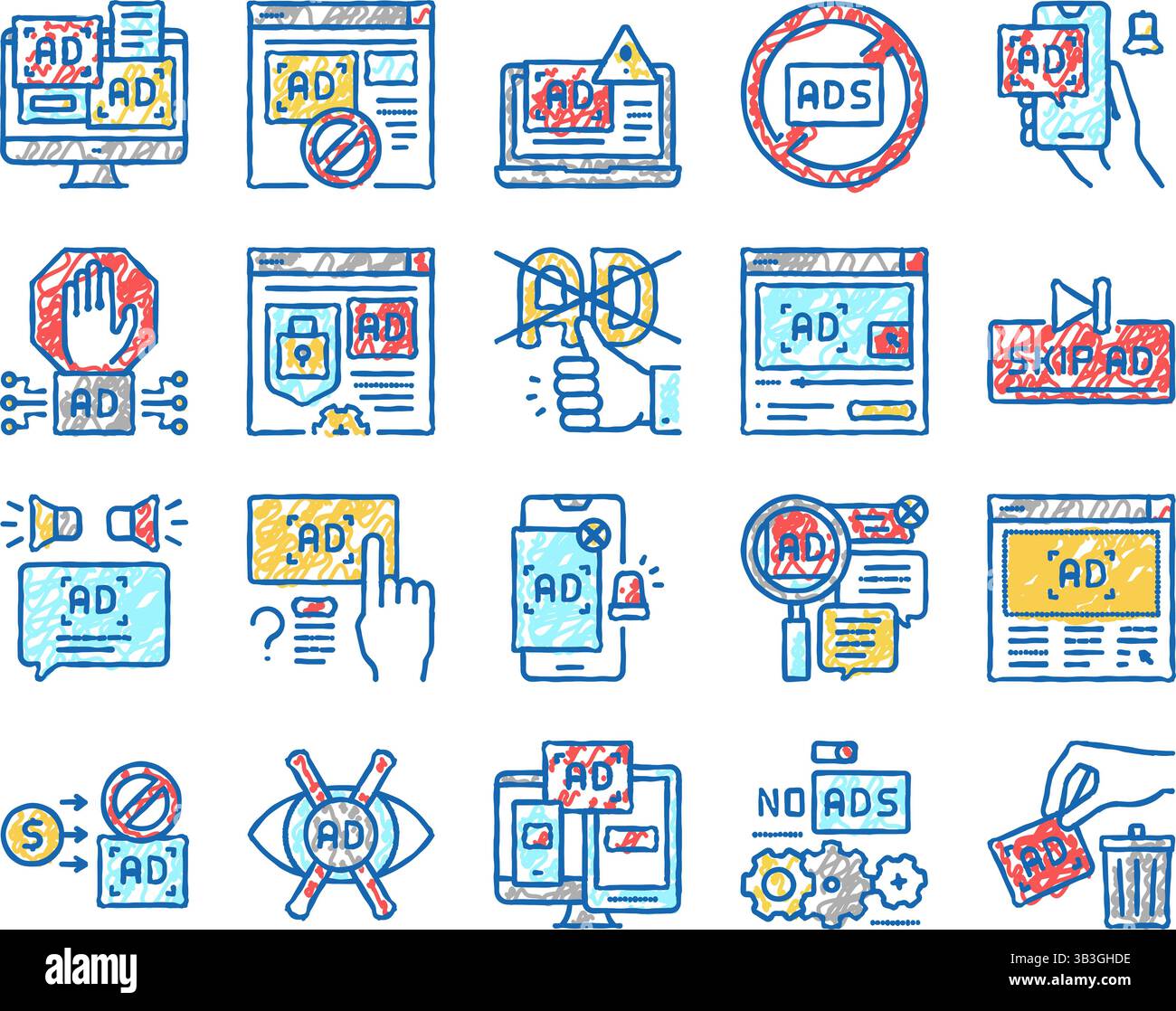 No Ads Advertise Free set Icons hand drawn Stock Vector Image & Art - Alamy