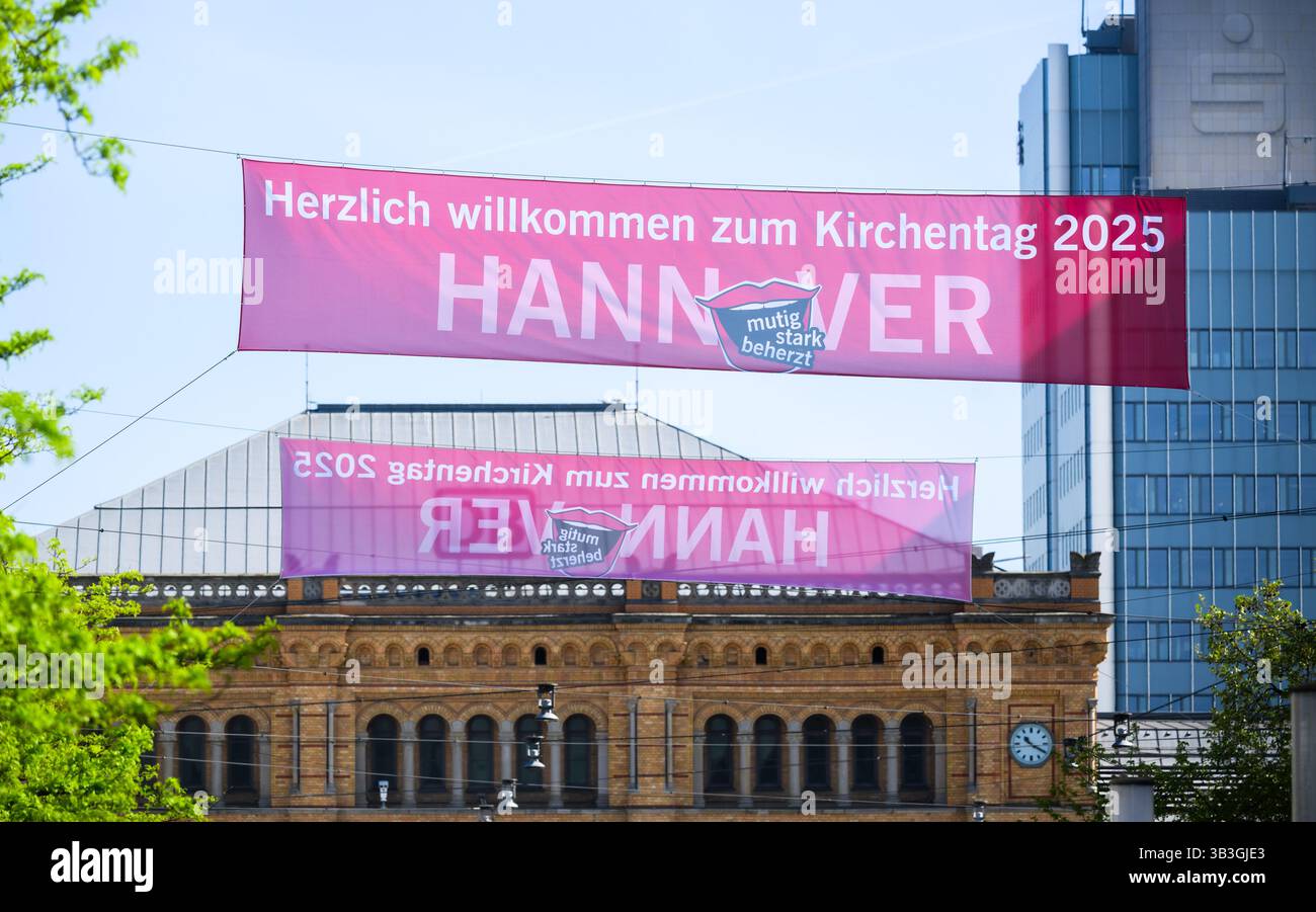 29 April 2025, Lower Saxony, Hanover: Church Congress banners hanging ...