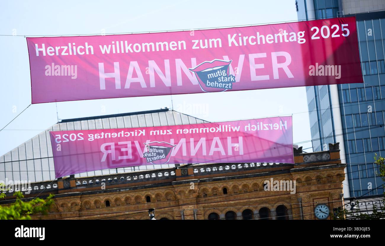 29 April 2025, Lower Saxony, Hanover: Church Congress banners hanging ...