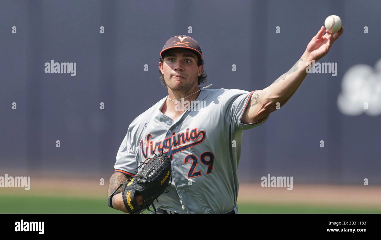 Virginia's Blake Barker (29) throws the ball during an NCAA baseball ...