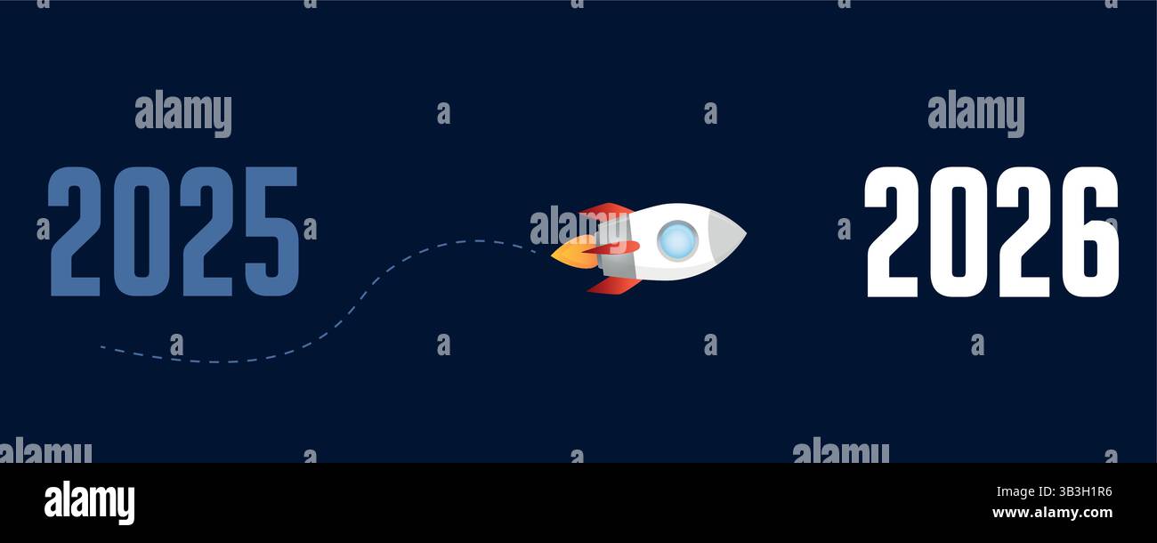 rocket launch flight from 2025 into the next year 2026 vector ...