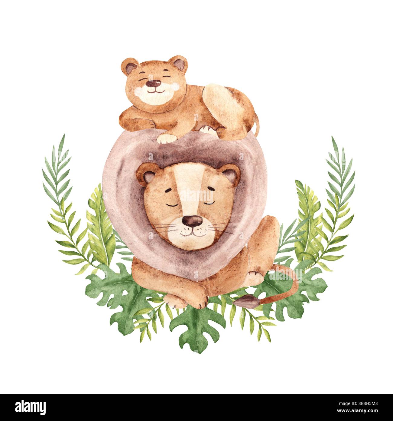 Cute lion dad with his cub lying in Tropical leaves. Fathers Day ...