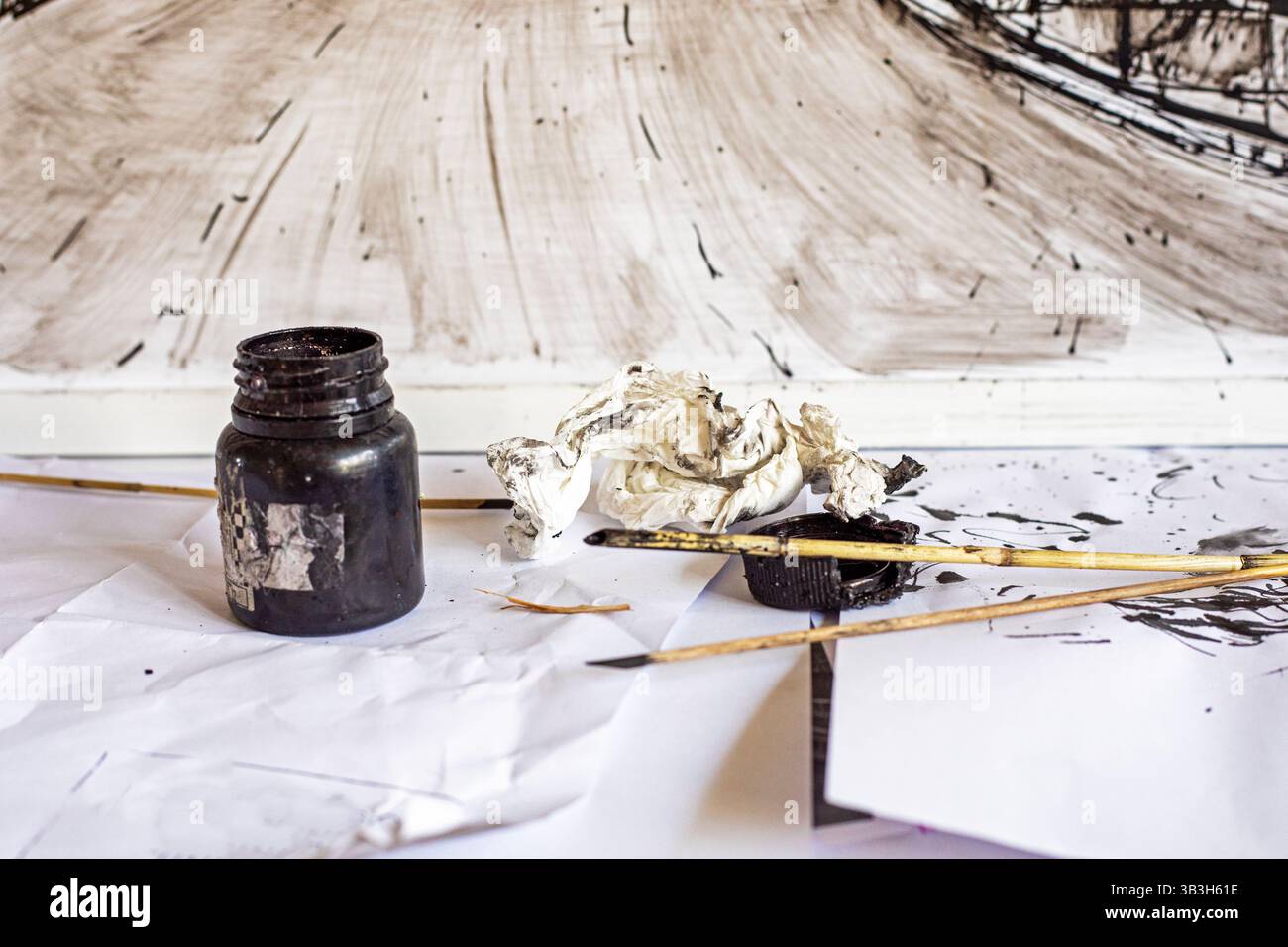 draw with reed and ink wiping with a napkin. graphic technique Stock ...