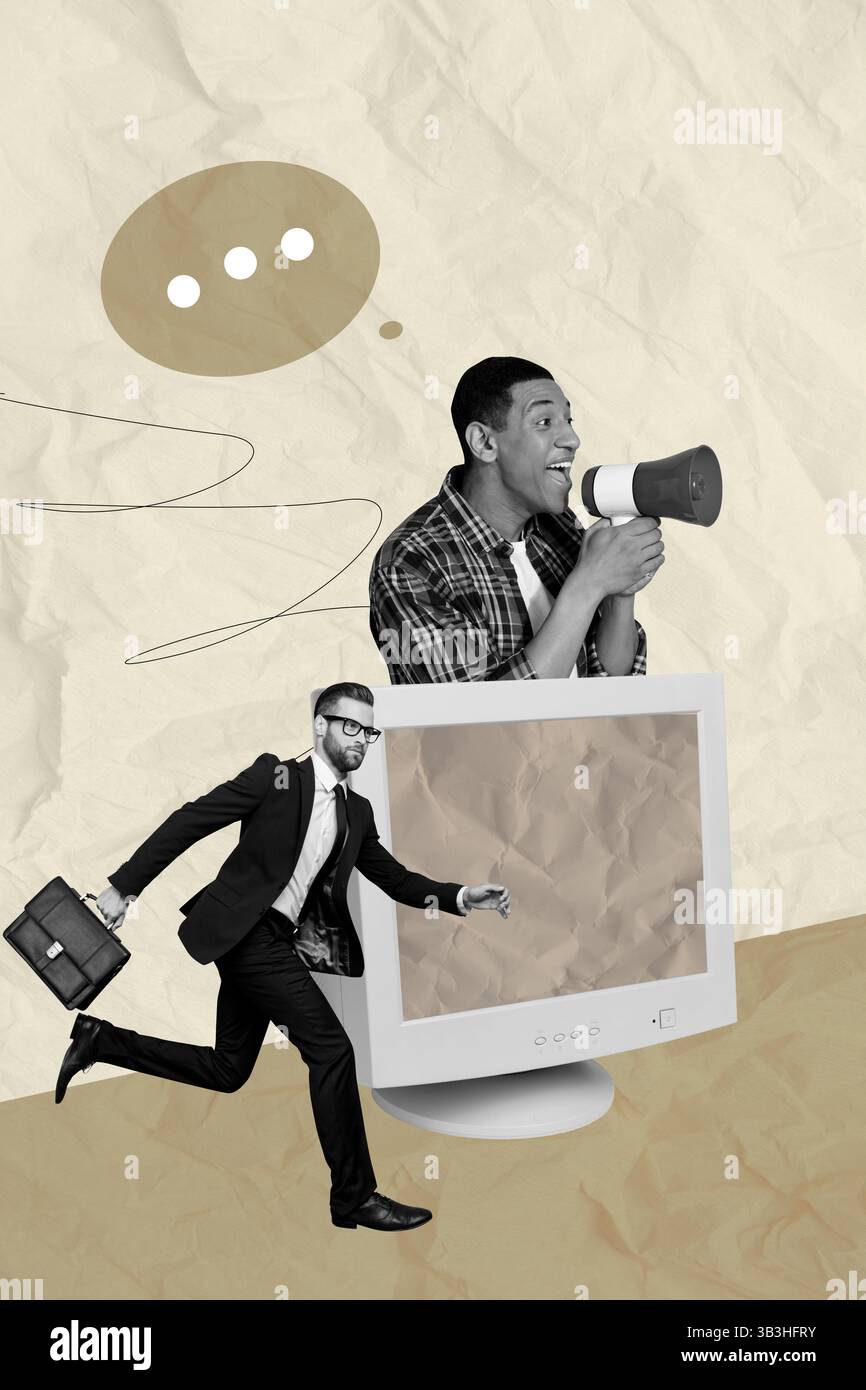 Image zine trend photo collage of two happy bossy man scream megaphone guy run monitor receive ...