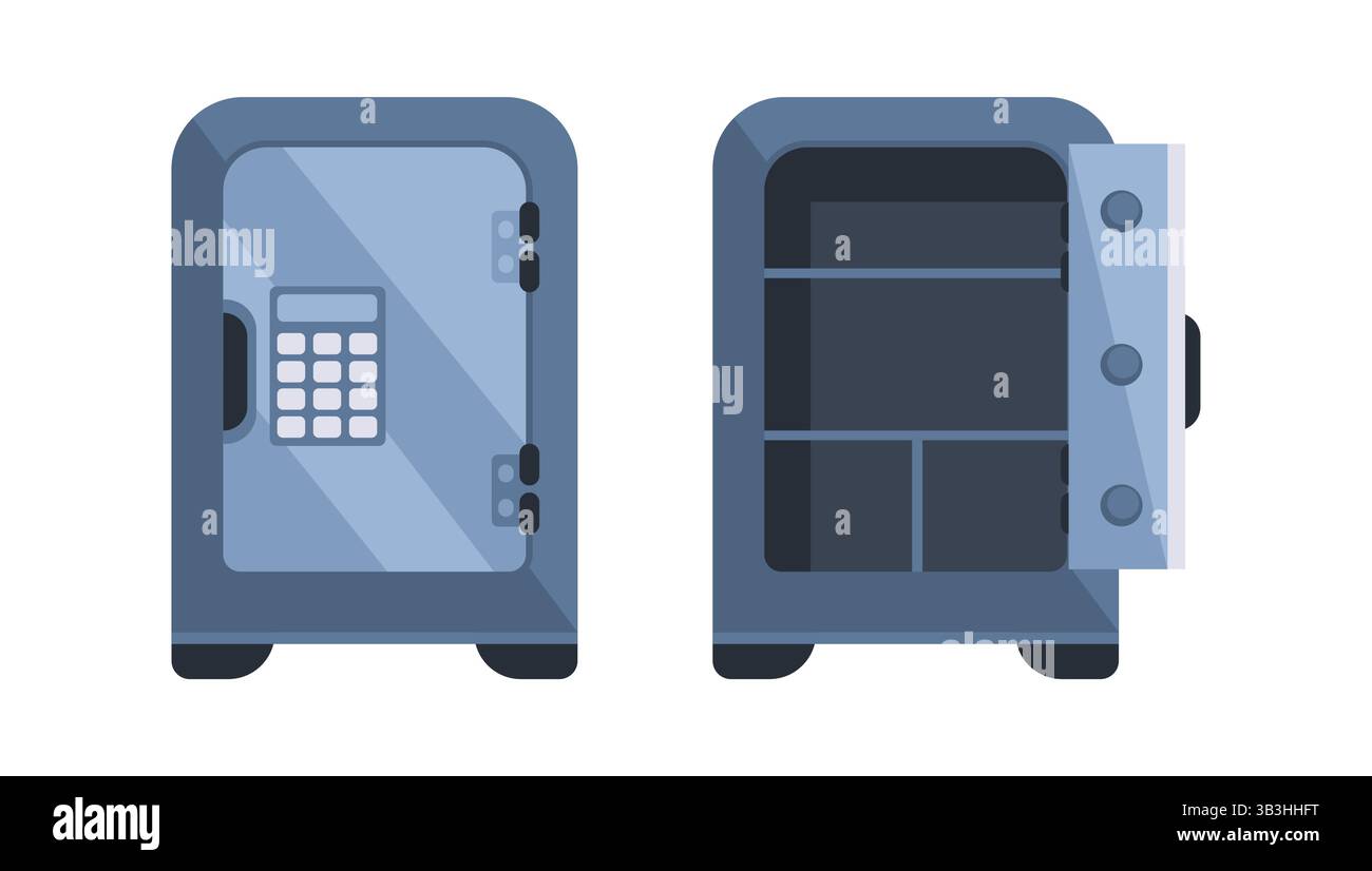 Closed and Opened Metal Safe Box with Empty Shelves and Electronic Lock ...