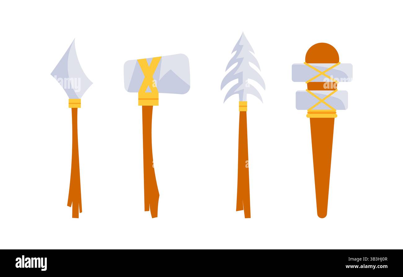 Prehistoric stone weapons tied to wooden handles with rope Stock Vector ...