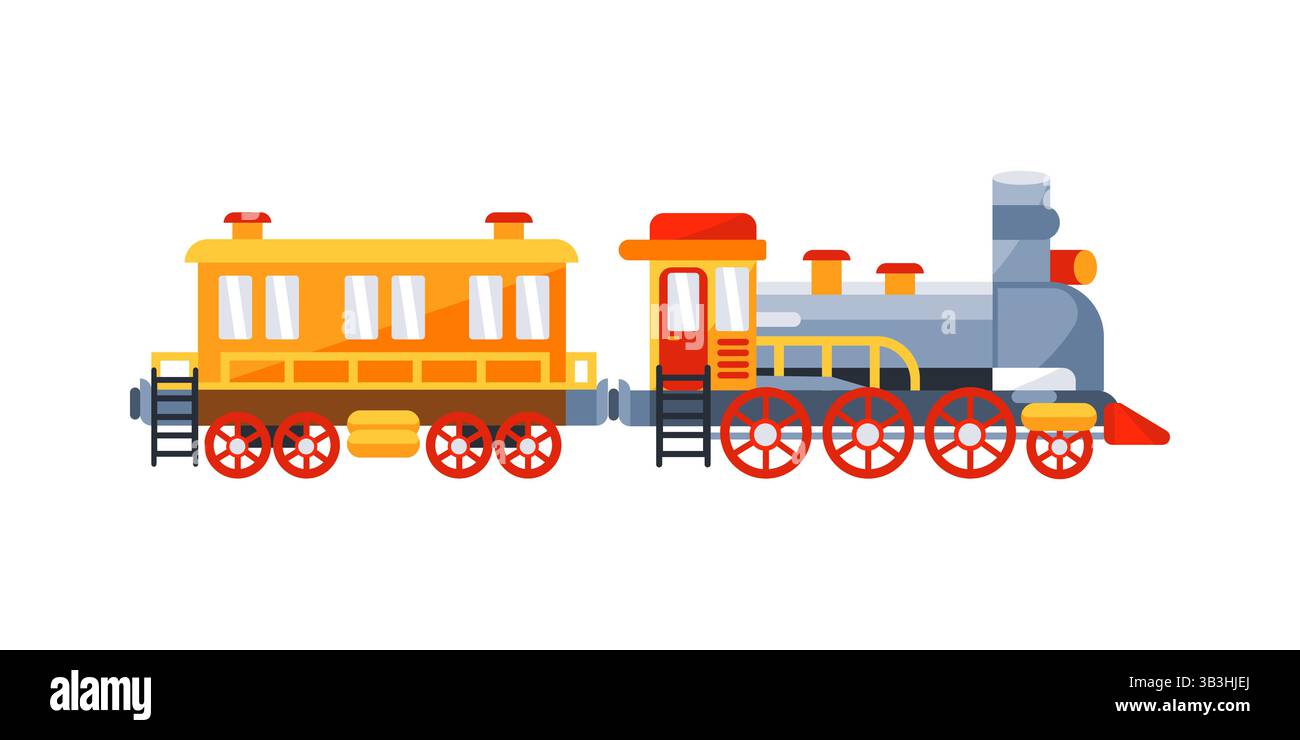 Colorful vintage steam train pulling passenger wagon is running on ...