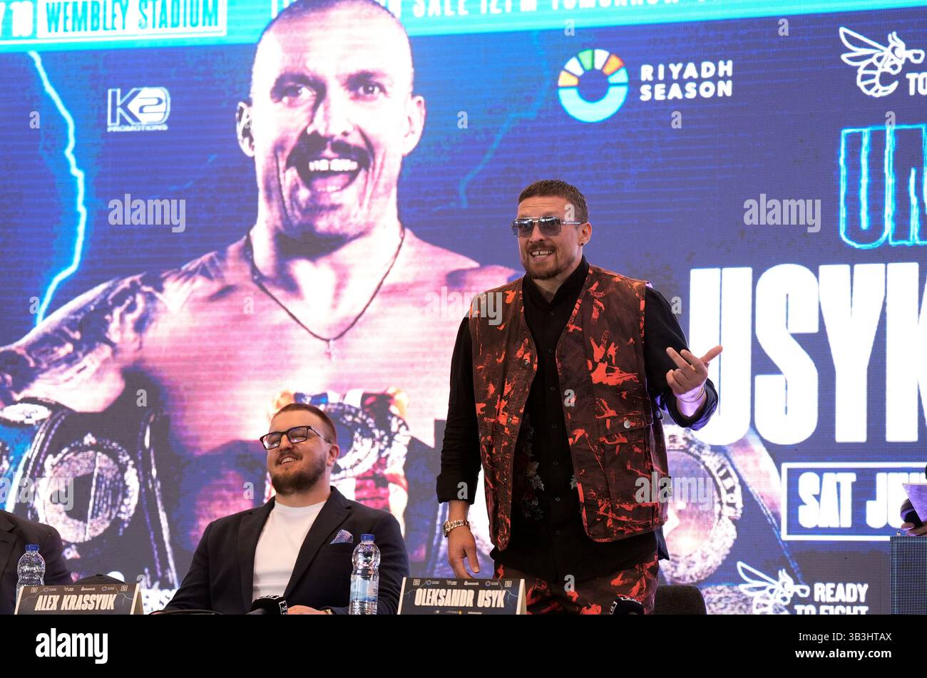 Oleksandr Usyk during a press conference at Wembley Stadium, London. A ...