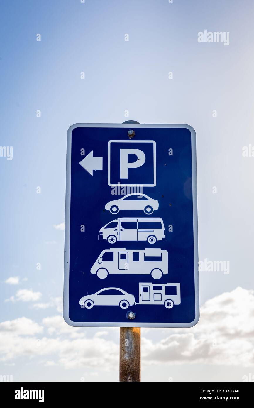 A parking sign indicates designated spots for cars, vans, and campers ...