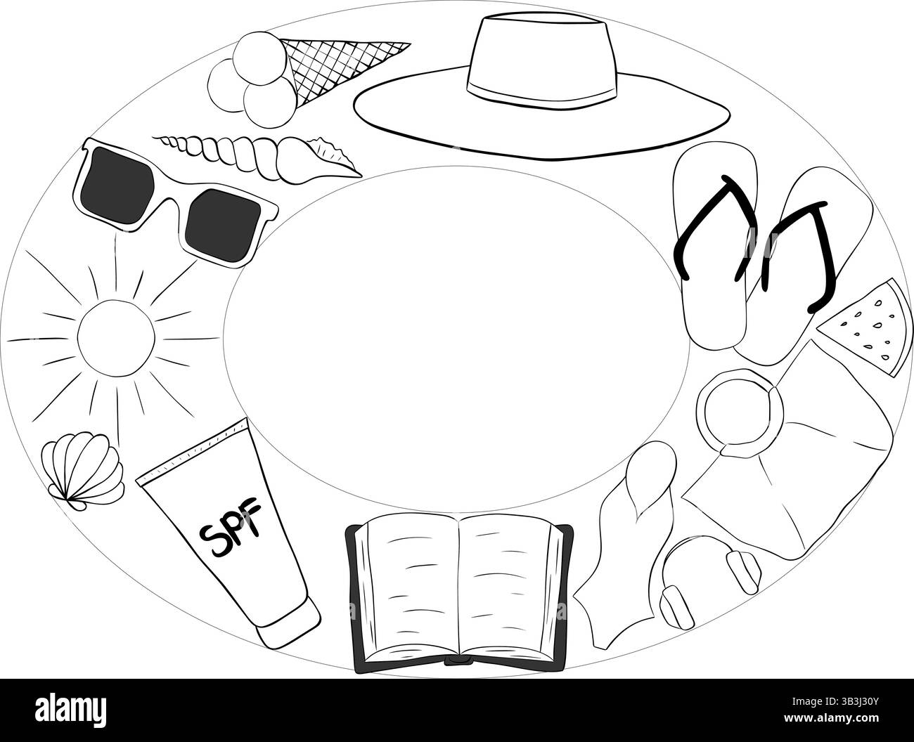 Beach essentials Oval frame template for text. Vector graphic line ink ...
