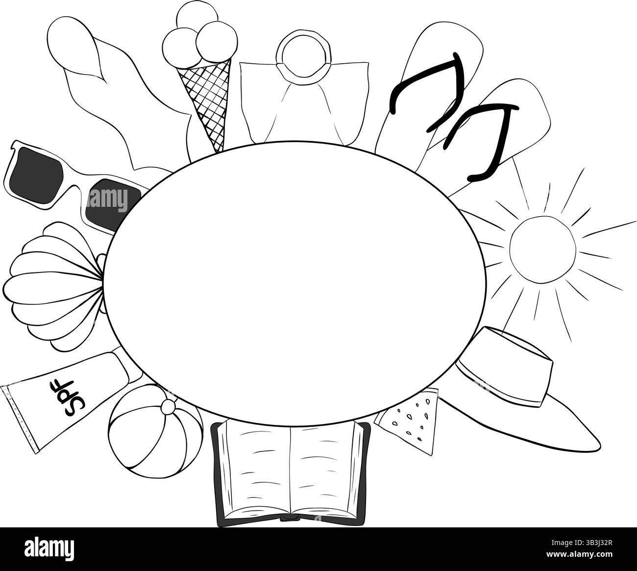 Beach essentials Oval frame template for text. Vector graphic line ink ...