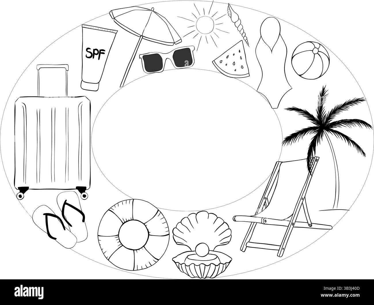 Beach vacation Oval frame template for text. Vector graphic line ink ...