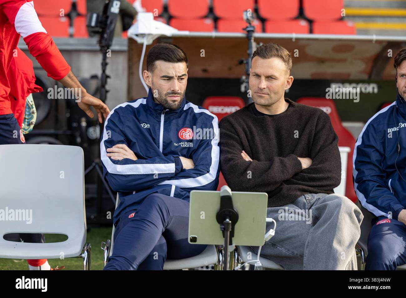 Aalborg, Denmark. , . Head coach Kristoffer Wichmann (R) of AaB seen ...
