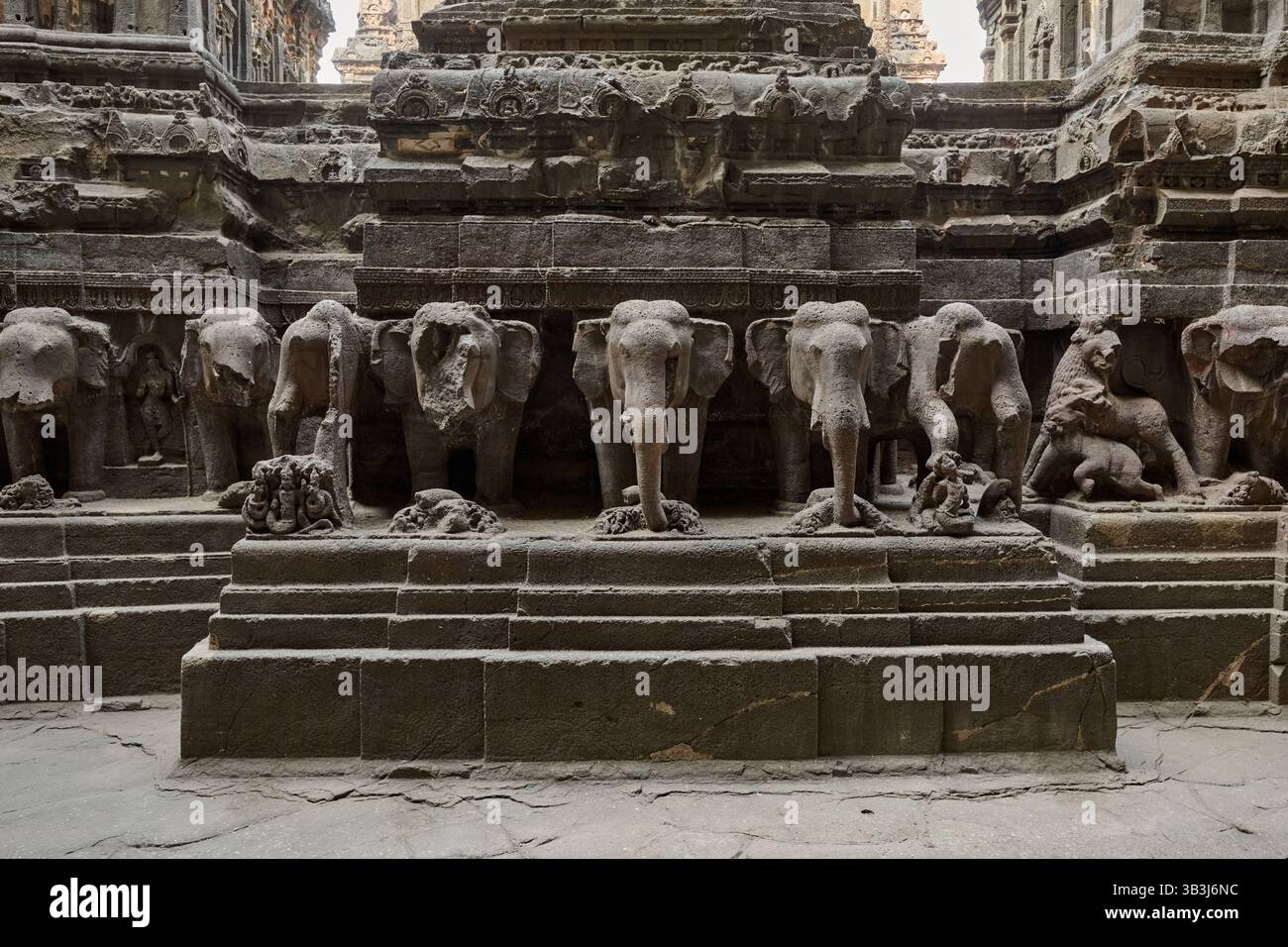 stone elephants in The Kailasha Temple, cave 16 of Ellora caves ...
