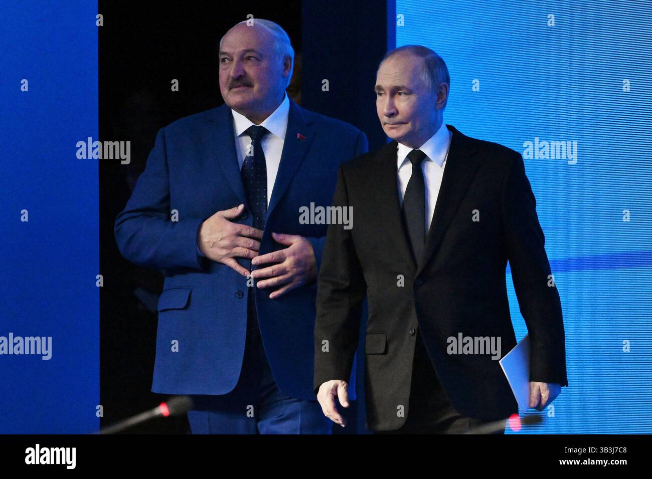 Belarusian President Alexander Lukashenko, left, and Russian President Vladimir Putin arrive to ...