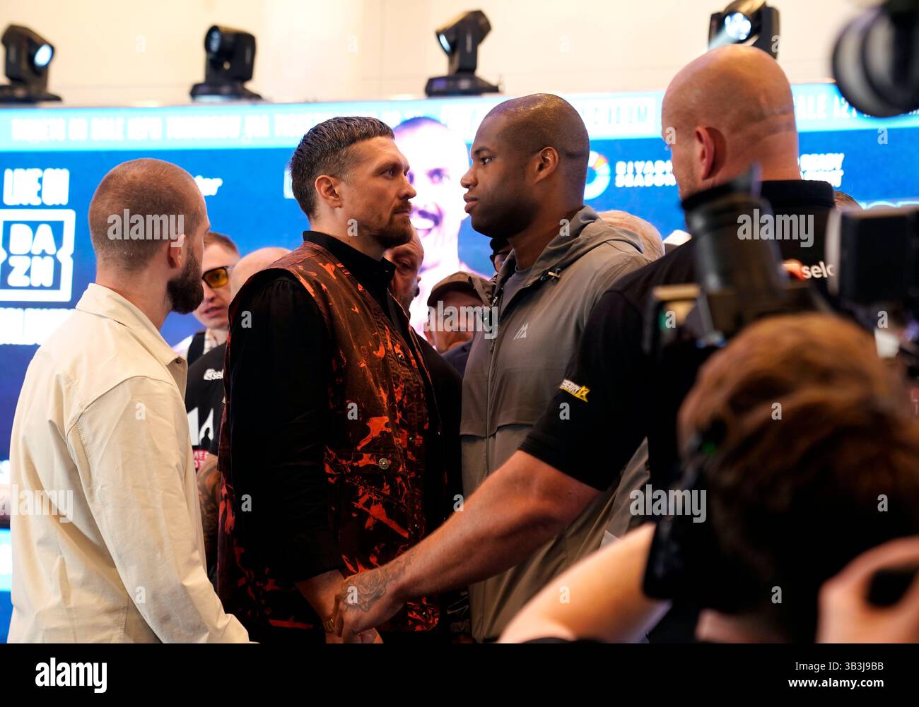 Oleksandr Usyk (left) and Daniel Dubois during a press conference at ...