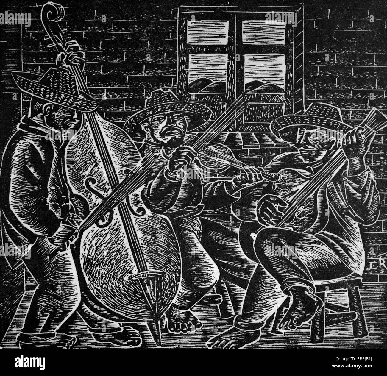 Rural Musicians, illustration by Mexican artist Everardo Ramirez, 1940s ...