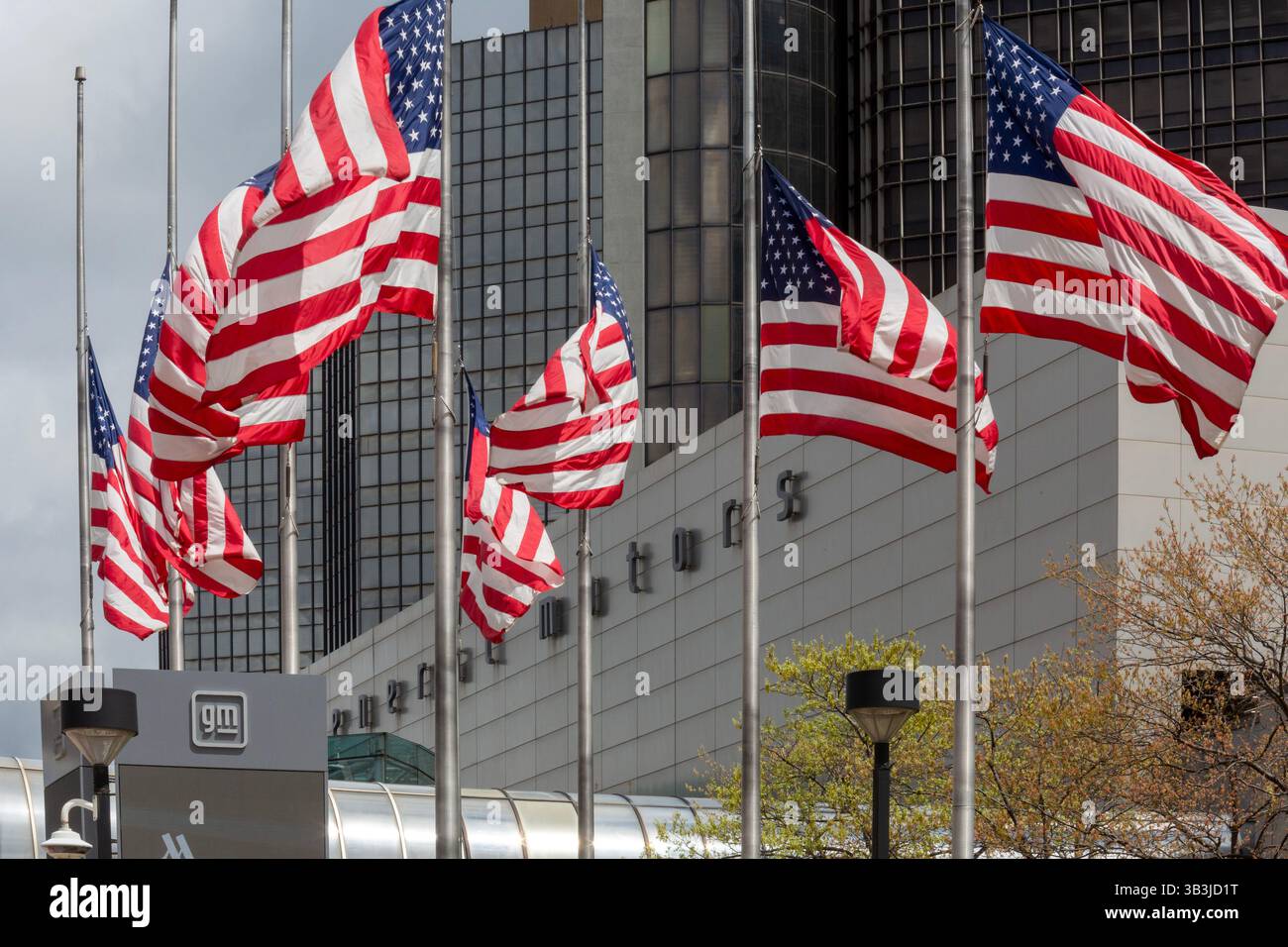Detroit, Michigan - American flags flying in front of the General ...