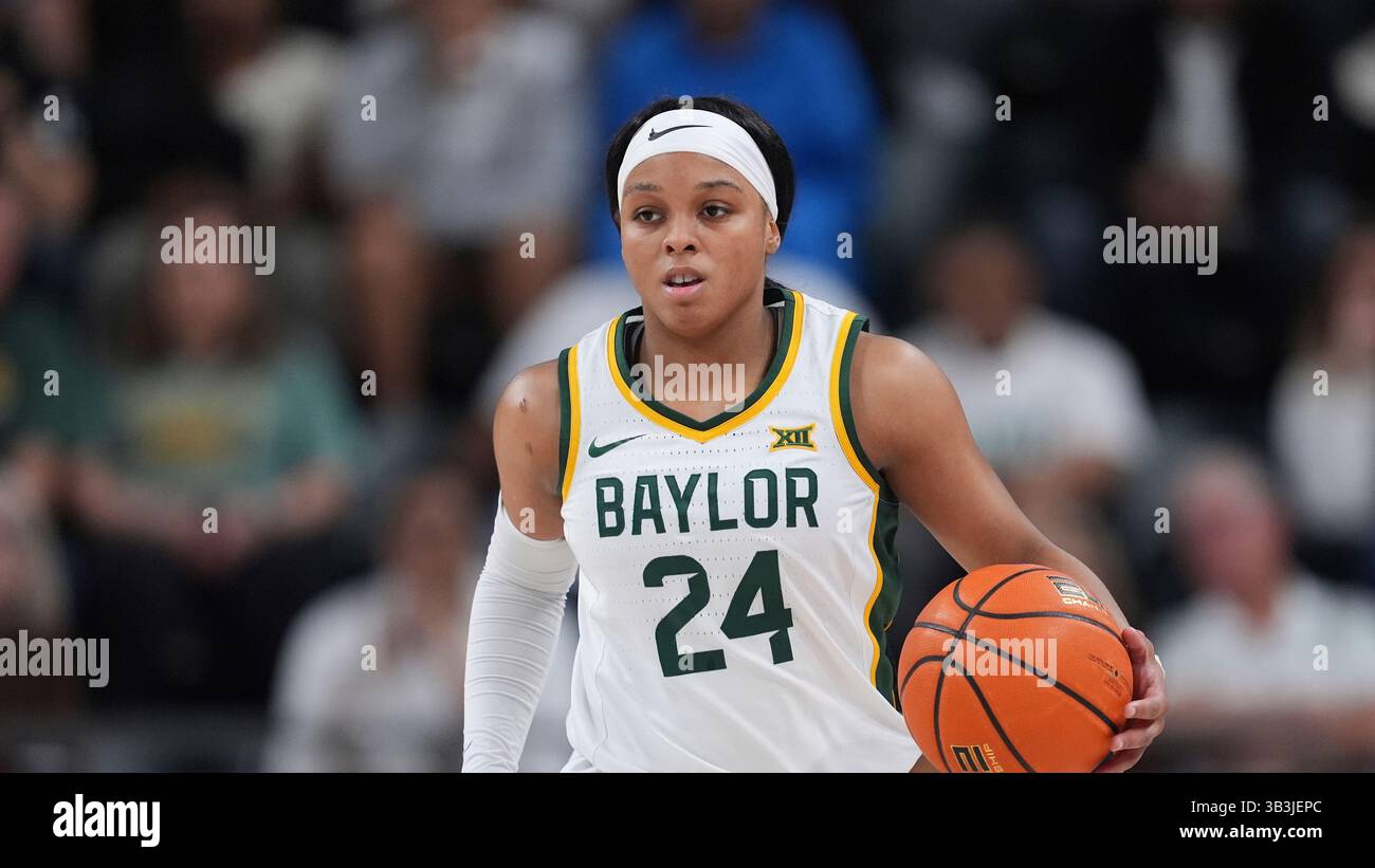 Baylor guard Sarah Andrews works against TCU during an NCAA college ...