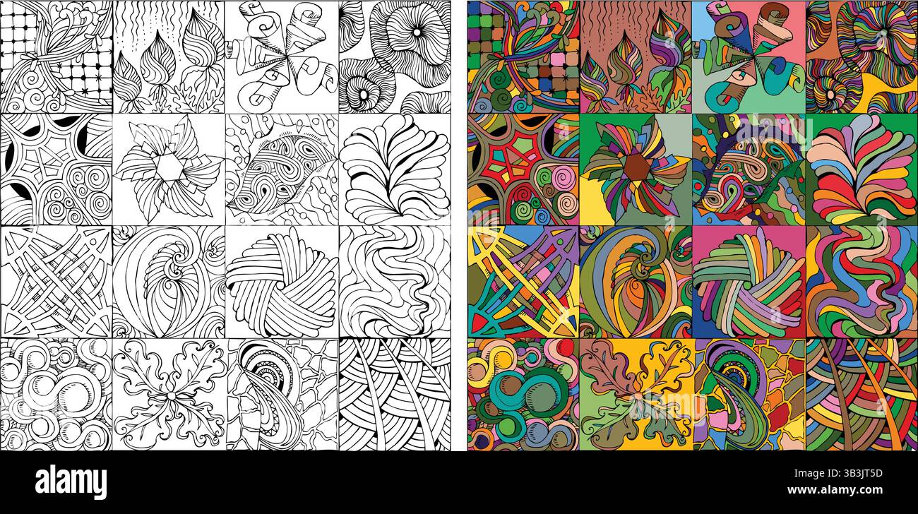 Decorative textures. various patterns 16 pieces. Color and outline set ...