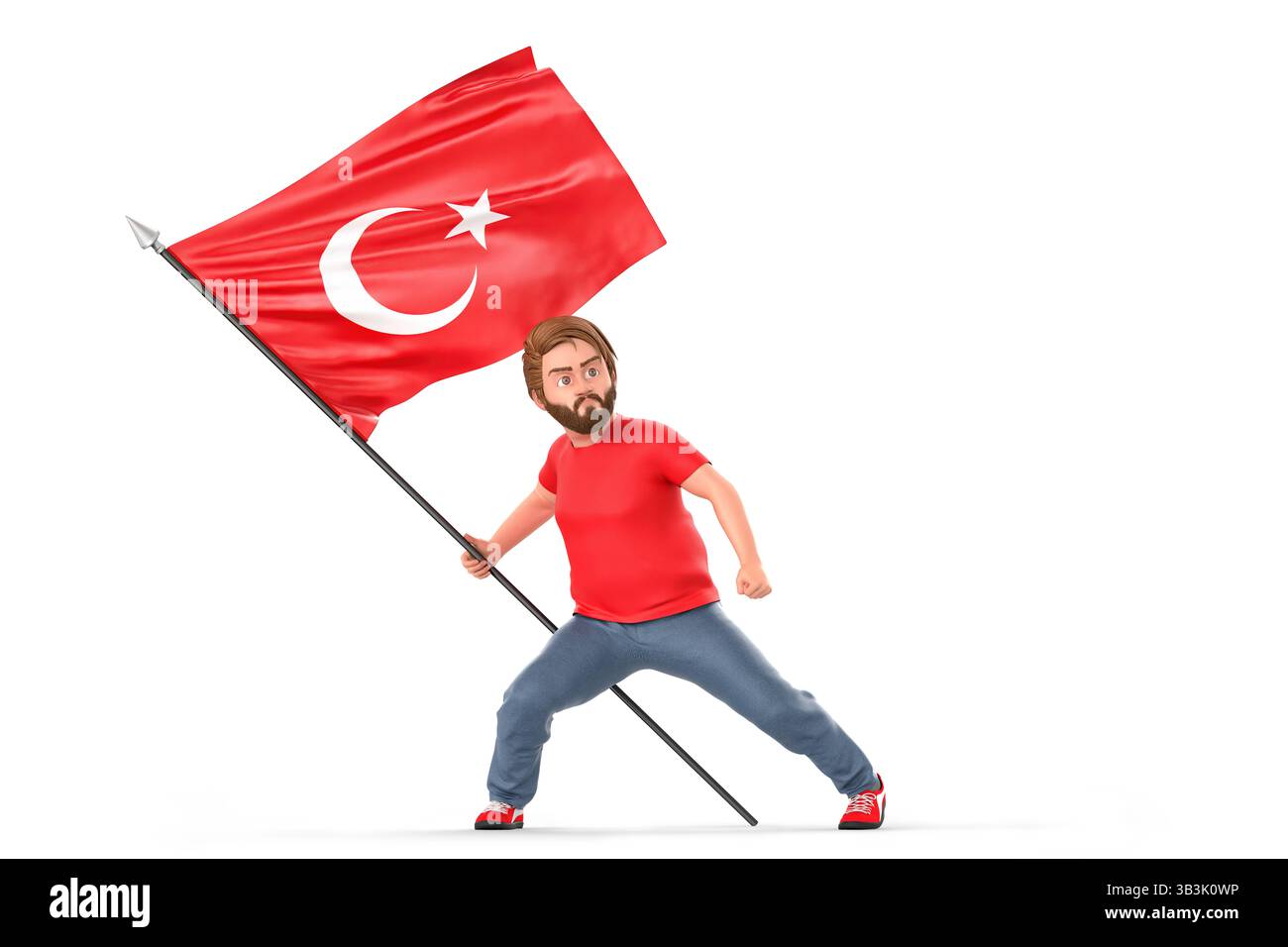 Cartoon character proudly standing, waving oversized Turkish flag with ...