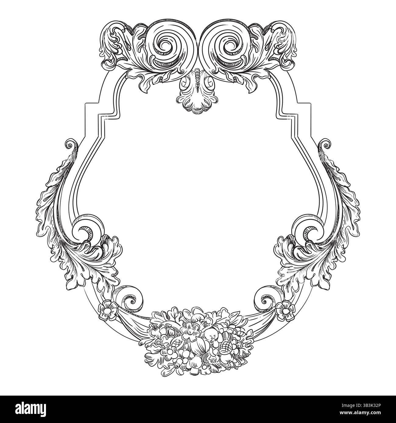 Hand drawing ornate floral baroque frame. Engraved horizontal vintage ...