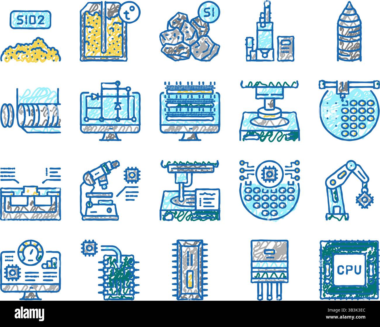 Semiconductor Manufacturing Plant Icons hand drawn Stock Vector Image ...