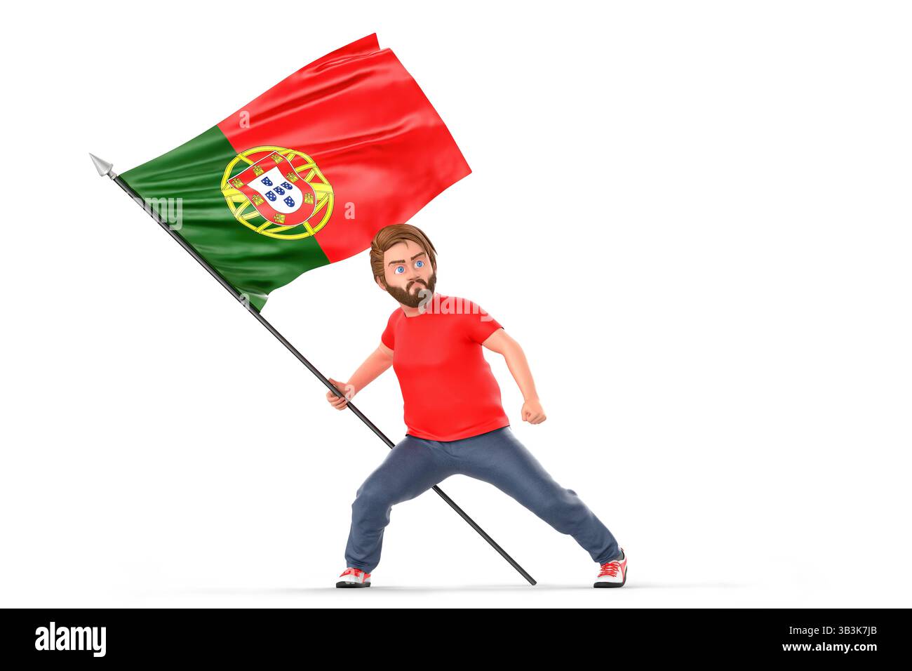 Cartoon man firmly holding and displaying Portugal flag, expressing ...