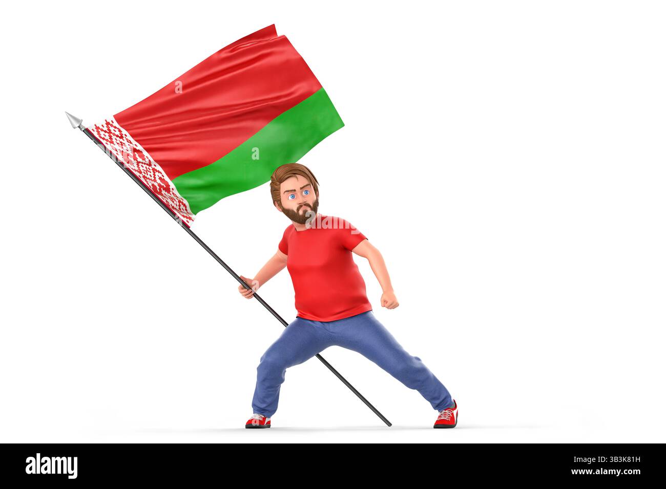 Cartoon character grasping Belarusian national flag, embodying cultural ...
