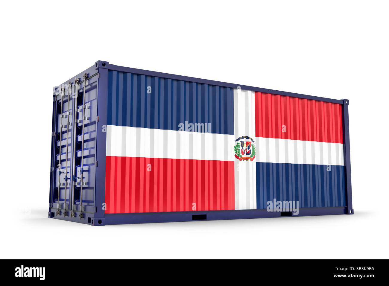 Cargo shipping container displaying Dominican Republic national flag, representing international ...