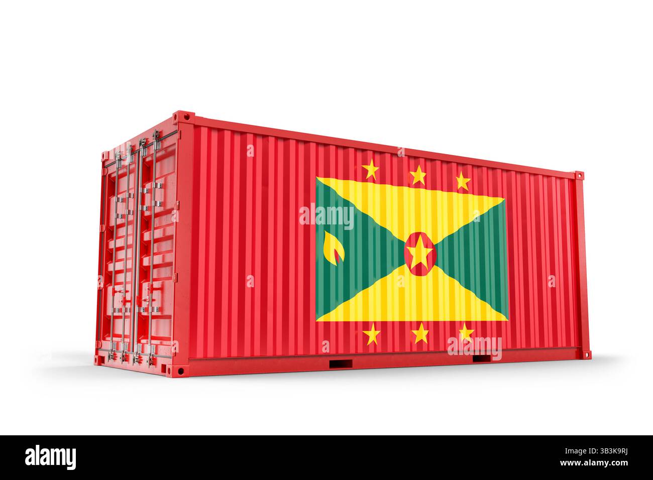 Cargo container bearing Grenada flag representing international maritime commerce against stark ...