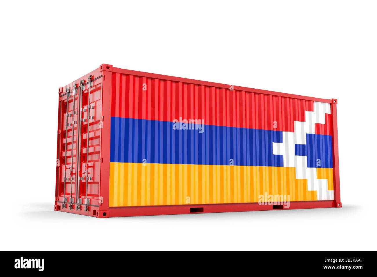 International shipping container displaying Artsakh flag, representing global logistics network ...