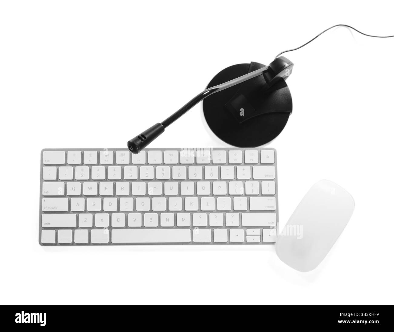 Professional microphone, keyboard and mouse on white background, top ...