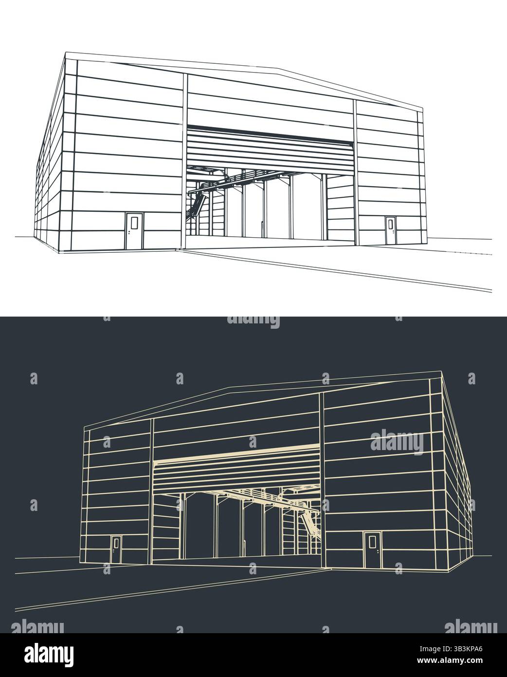 Stylized vector illustrations of industrial hangar close-up. Production ...