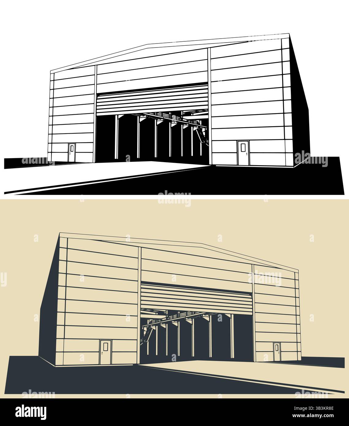 Stylized vector illustrations of Industrial hangar. Production or ...