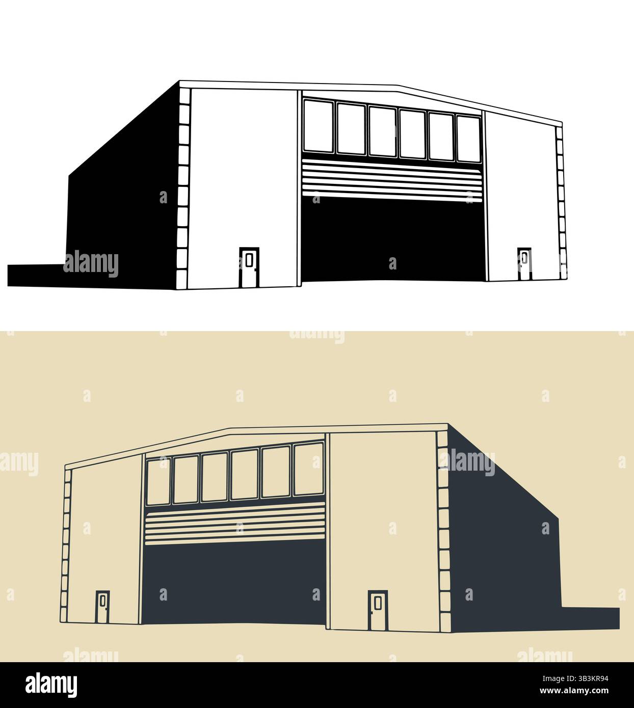 Stylized vector illustrations of Industrial hangar. Production or ...