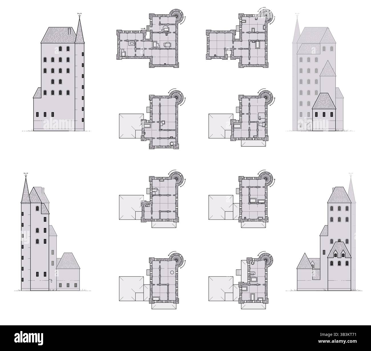 Architectural Renderings of Medieval Castle Plans and Elevations Stock ...