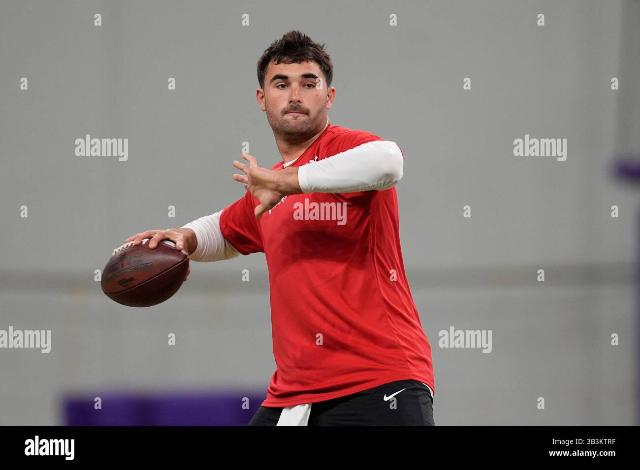 Minnesota Vikings quarterback Sam Howell takes part in drills during an ...