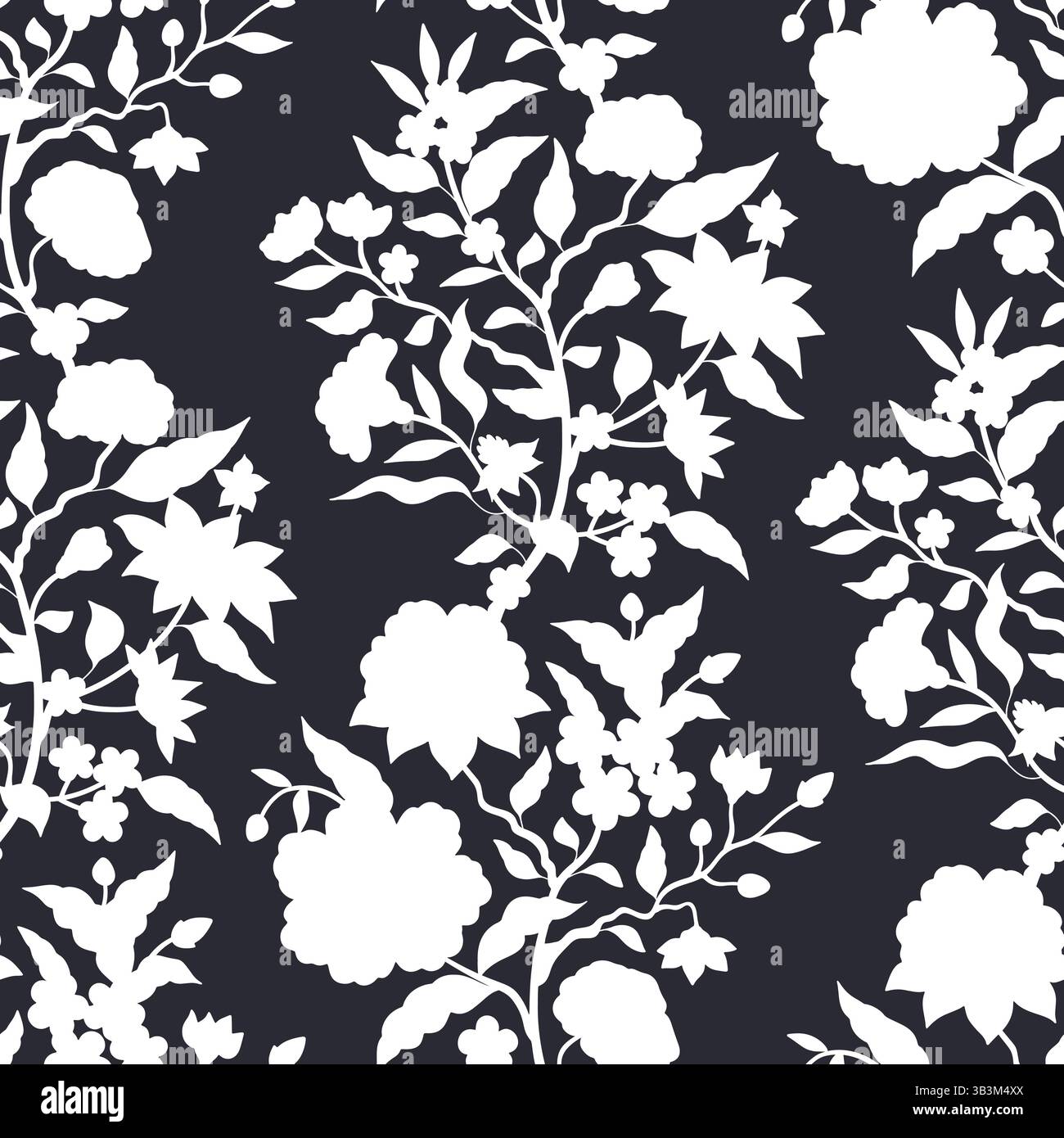 White Jacobean seamless pattern with hand drawn flowers and leaves ...